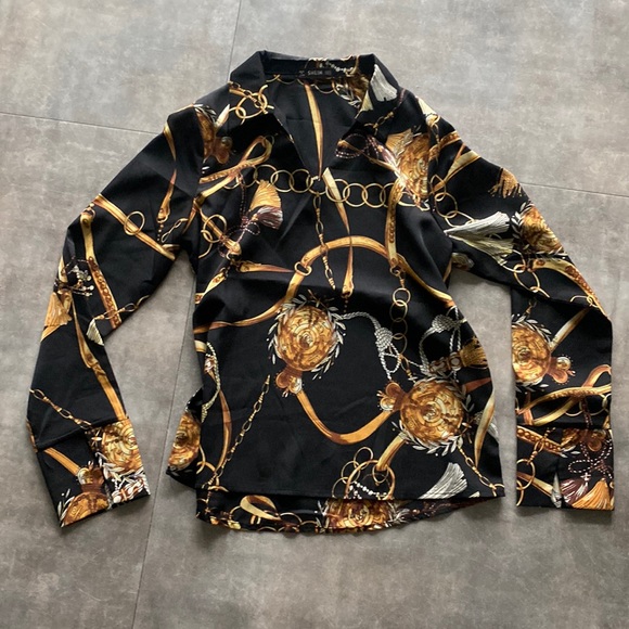 SHEIN | Tops | Black And Gold Chain Print Shirt | Poshmark
